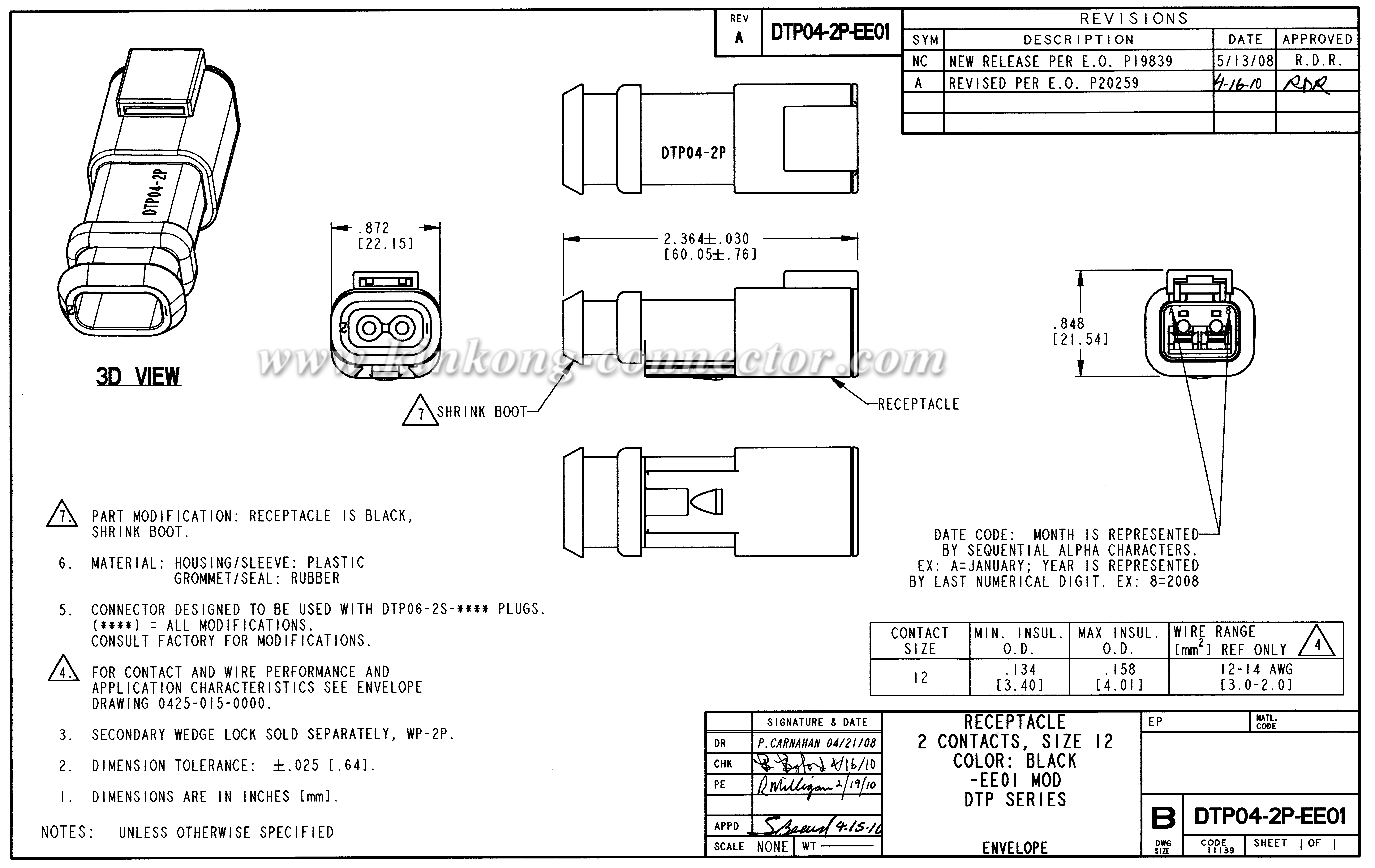 2 pin male cable connector DTP04-2P-EE01